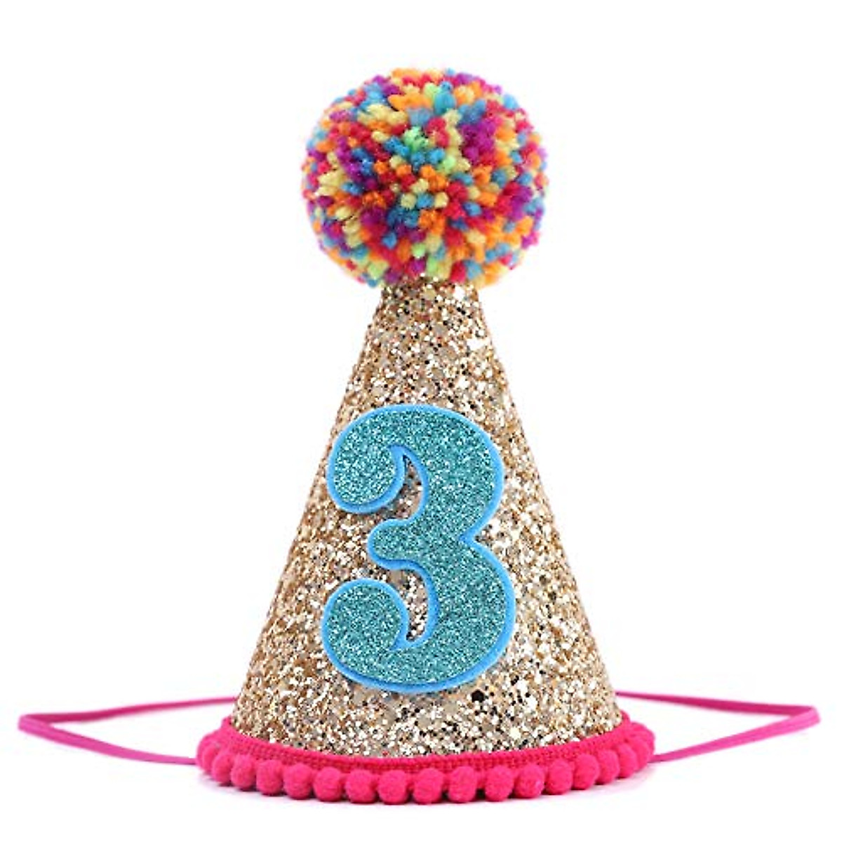 Baby's Cone Hat for 3rd Birthday Celebration - Colored Fur Balls Glitter Crown Cap with Handmade Details for Girls/Boys