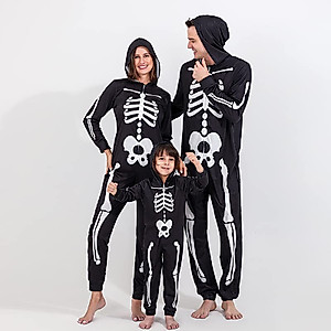 Family Halloween Skeleton Pajamas Funny Zipper Hooded Jumpsuit Matching Family Pjs Sleepwear (Women, Medium)