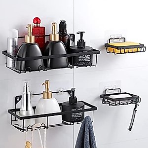 Damyon Shower Caddy Shelf Organizer (2Pack) with 2 Soap Dishes, Adhesive Black Bathroom Accessories Basket Shelves with Hooks, No Drilling Wall Mount Shower Storage Accessories