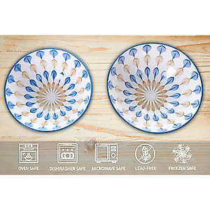 Braque Ceramic Japanese Ramen Bowl, Set of 2, 28.7oz Porcelain Bowls with Spoons – for Ramen, Pho, Udon, Soup, Salad – Asian Rustic Design, Chip Resistant, High Grade Lead & BPA Free - Leafage Echo