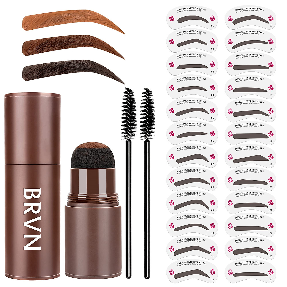 Eyebrow Stamp Stencil Kit, Eyebrow Stamp and 34 Reusable Eyebrow Stencils for Perfect Eyebrow Makeup, Waterproof, Long-Lasting(Dark Brown)