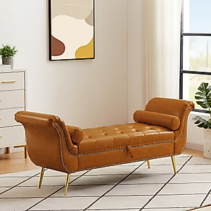 Betoko PU Leather Storage Benches End of Bed Vintage Flared Rolled Armed Bedroom Ottoman Bench Button Tufted Entryway Window Seating Bench Living Room Footrest Stool (Light Brown)