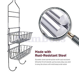 Plumboss E2050 Shower Caddy Over Shower Head Basket Shelf with Hooks for Hanging Sponge and Razor,Shampoo Holder Organizer Stainless Steel Chrome