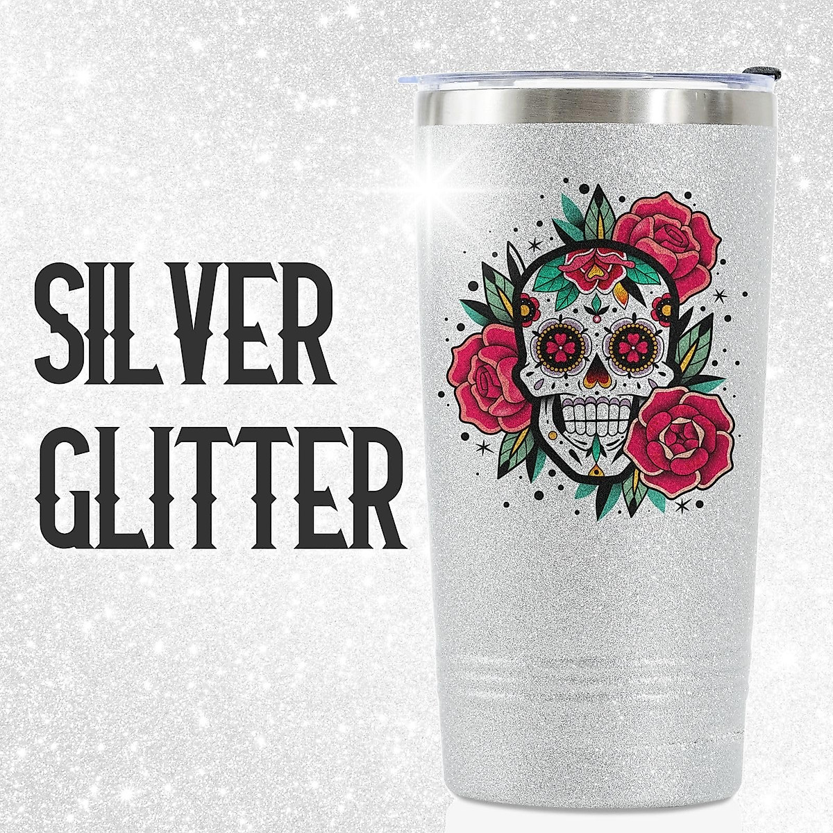 Onebttl Sugar Skull Gifts for Women, Day of the Dead, 20 oz Travel Tumbler with Lid, Brush, and Straw, Mexican Gifts, Silver Glitter