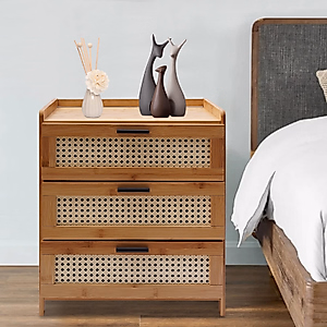 DDBESSIC Nightstand, 3 Drawers End Table Mid-Century Vintage Side Table, Retro Bedside Table Natural Bamboo Living Room Bedroom Storage Table Night Stand