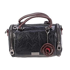 TENDYCOCO Crossbody Bag Boston Barrel Handbag with Flower Pendant for Women (Black)