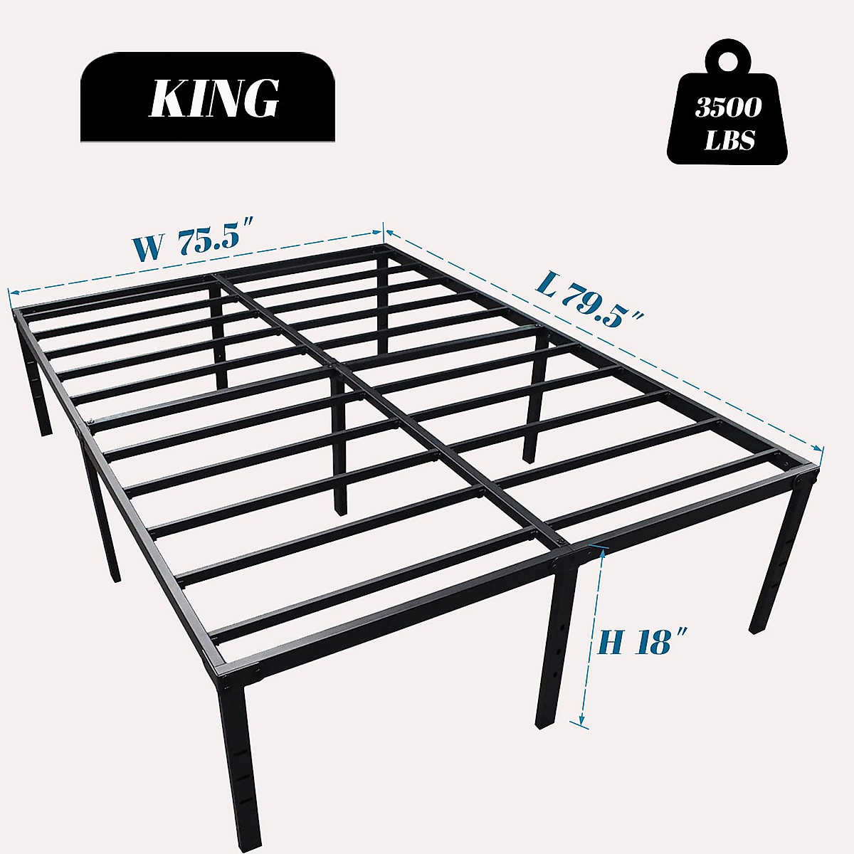 Chezisam King Size Metal Bed Frame 18 "high Heavy Duty Platform Bed Can Support 3500lbs with Under Bed Storage Space Easy Assembly Non-Slip and Noiseless Black