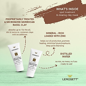 LEROSETT Facial Clay for Acne, Spot Treatment & Clay Mask, For Oily & Congested Skin, Reduces Blemishes, Blackheads & Pimples, Removes Ingrown Hairs, Tighten Pores, Vegan, 650+ Uses