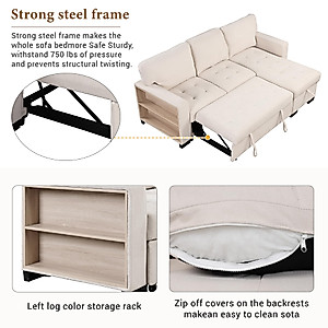 DREAMODERN 85.2-Inch L-Shaped Sectional Sofa Couch Pull-Out Sofa Bed, Modern Upholstered Corner Sofa with Storage Rack, Charging Ports and 2 Cup Holders for Living Room Apartment - Beige