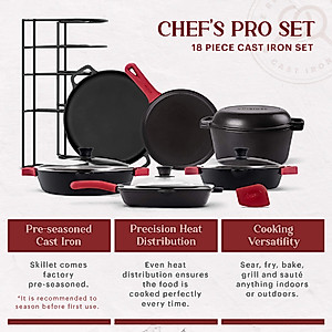 Cuisinel Cast Iron 18-Piece Preseasoned Cookware Set: 10"+12" Skillets w/Lids + 5-Qt Dutch Oven + 10.5" Square Grill Pan w/Lid + Pizza Pan + Round Griddle + 15" Organizer +Scraper + Silicone Handle