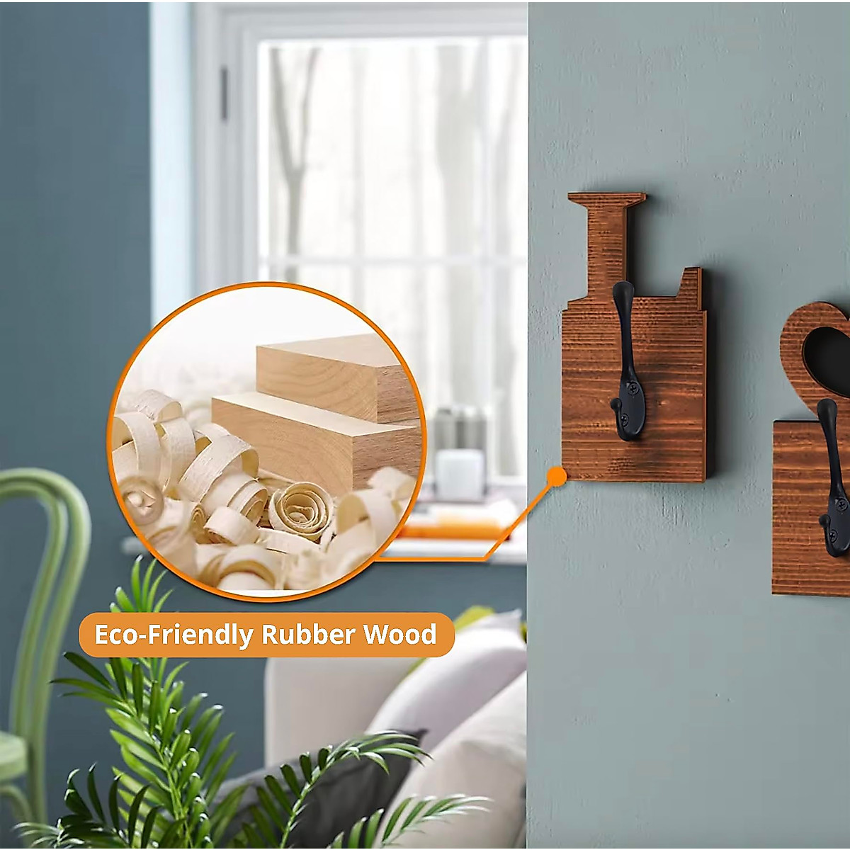 Rustic Coat Hooks for Hanging Keys, Hats or Bathroom Towels – Set of 4 Wall Mounted Wooden Hangers for Entryway, Modern Farmhouse Industrial Black Metal & Wood Home Décor, Love Sign Wedding Gift