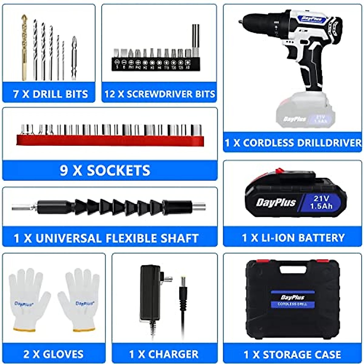 21V Portable Cordless Power Drill Set Impact Screw Driver with 1500mAh Li-Ion Rechargeable Battery 25+1 Torque Setting 45N.m Variable Speed Control with LED Light, 29PCS Accessories, Carrying Case