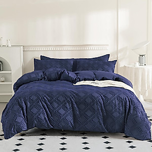 JELLYMONI Navy Blue Duvet Cover Full Size - 3 PCS Microfiber Tufted Duvet Cover Set, Boho Textured Duvet Cover Jacquard Rhombus Geometric Pattern Duvet Cover with Corner Ties & Zipper Closure