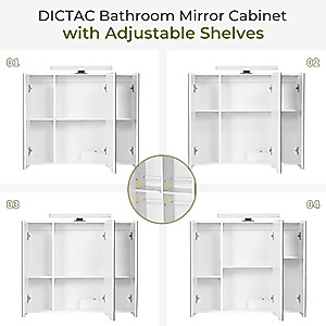 Bathroom Medicine Cabinet with Mirror and Lights 27.6x24 Inch Wall Mounted Mirror Cabinet with Charging Station & Adjustable Storage Shelves Medicine Cabinets Mirror with 3 Doors for bathroom,White