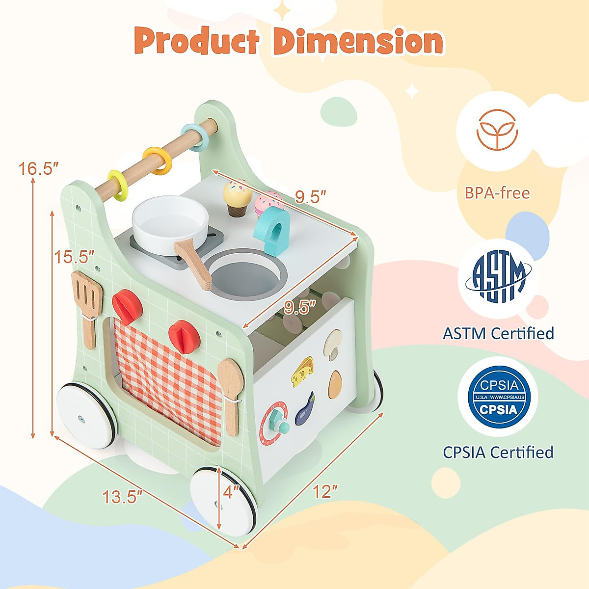 HONEY JOY Baby Push Walker, 6-in-1 Wooden Play Kitchen Walker Activity Center w/Shape Sorter, Develop Motor Skills & Creativity, Push Toys for Babies Learning to Walk, Gift for Boys and Girls