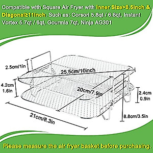 BYKITCHEN Square Air Fryer Rack for Cosori, Instant Vortex, Nuwave Air Fryer, 2pcs 8 inch Stackable Multi-Layer Stainless Steel Dehydrator Rack, Ninja Foodi Grill Square Air Fryer Accessories