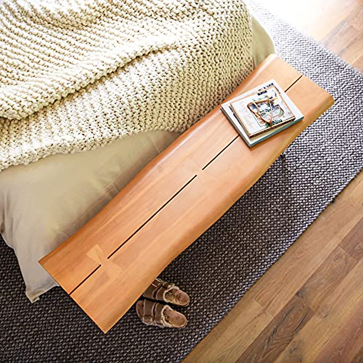 Main + Mesa Live Edge Wood Bench with Metal Frame, Natural/White