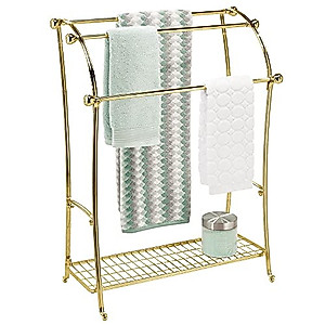 mDesign Large Standing Metal Bathroom Towel Holder Stand with Shelf - 3-Tier Towel Rack Stand for Hanging Bath, Hand, and Fingertip Towels - Towel Stand for Bathroom - Hyde Collection - Soft Brass