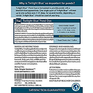 Airmax Twilight Blue Pond Dye Pond Dye, 4X Liquid Concentrate, Treats Like 1 Gallon, Ecofriendly, Clean & Clear Water, No Mixing & Easy to Use, Enhances Natural Color, Treats up to 1 Acre, 1 Quart