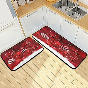 Christmas Balls Red Kitchen Rugs 2 Pieces, Snow Floor Mat Room Area Rug Washable Carpet Perfect for Living Room Bedroom Entryway
