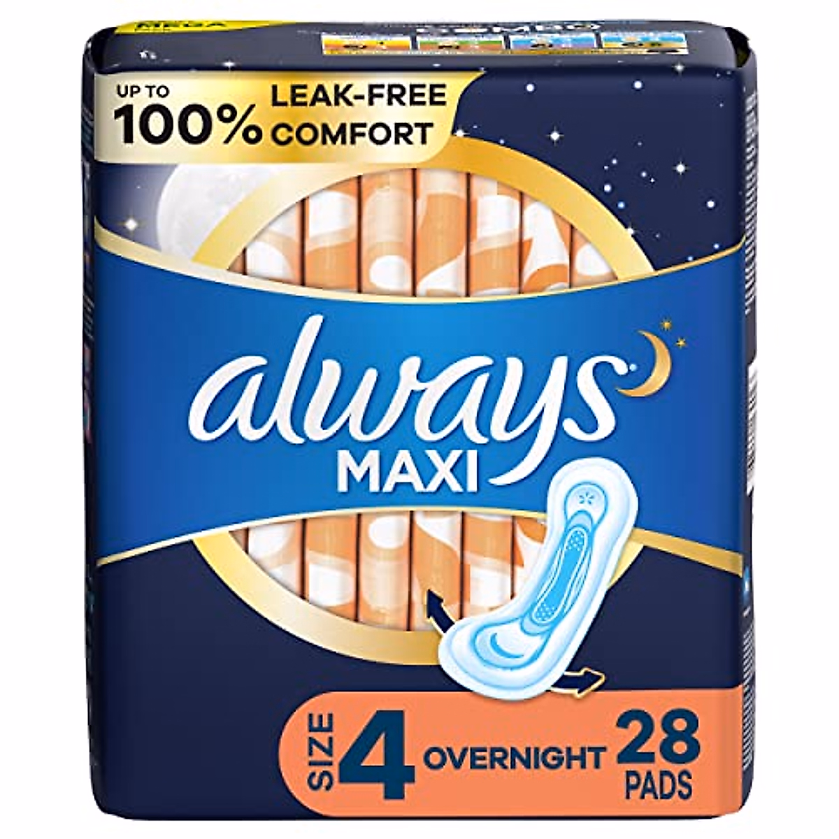 Always Maxi Feminine Pads For Women, Size 4 Overnight Absorbency, Without Wings, Unscented, 28 Count
