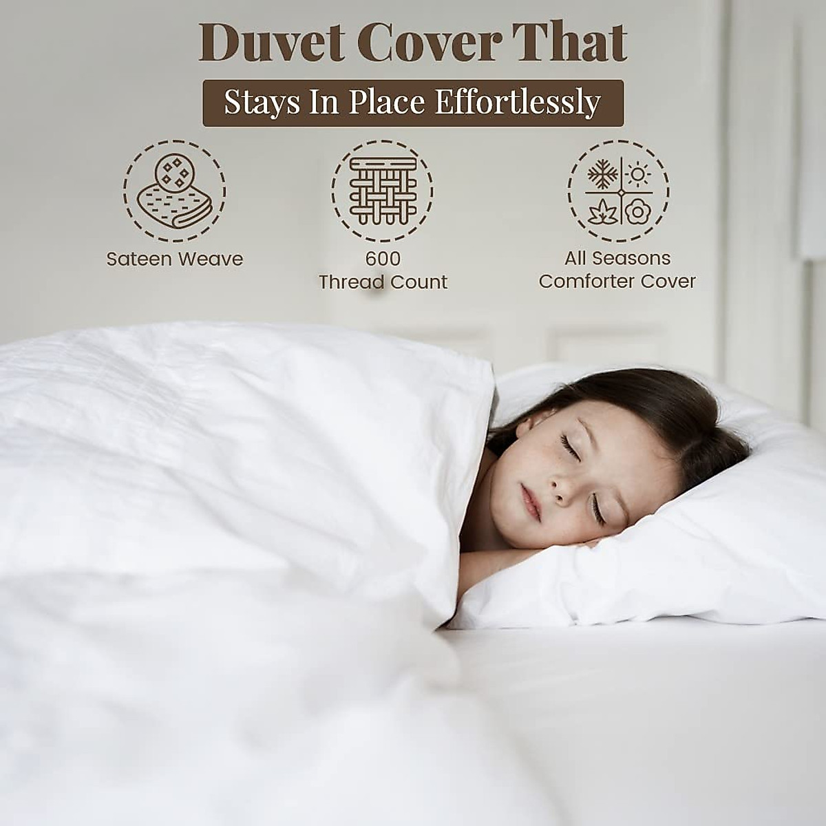 Decfair 100% Egyptian Cotton Duvet Cover Set King Size 600 Thread Count Soft and Smooth Sateen Weave All Seasons Bedding 7 Corner Ties and Zipper - 1 White King Duvet Cover and 2 Pillow Shams