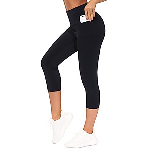 THE GYM PEOPLE Tummy Control Workout Capris Leggings with Pockets High Waist Athletic Yoga Pants for Women Running Hiking Black