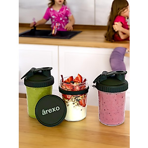 arexo Overnight Oats Containers with Lids – Practical Oatmeal Oat Jars – 3pcs Overnight Oatmeal Jars with Regular Lid and Blender-Style Lid – Thick Glass Overnight Oat Container – Lightweight and Comp