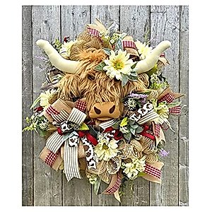 Farmhouse Highland Cow Wreath - 2023 New Spring Wreaths for Front Door, Spring Summer Floral Wreaths for Front Door, Flower Door Wreaths for All Seasons Outdoor Indoors, Spring Front Porch Decor (1PC)