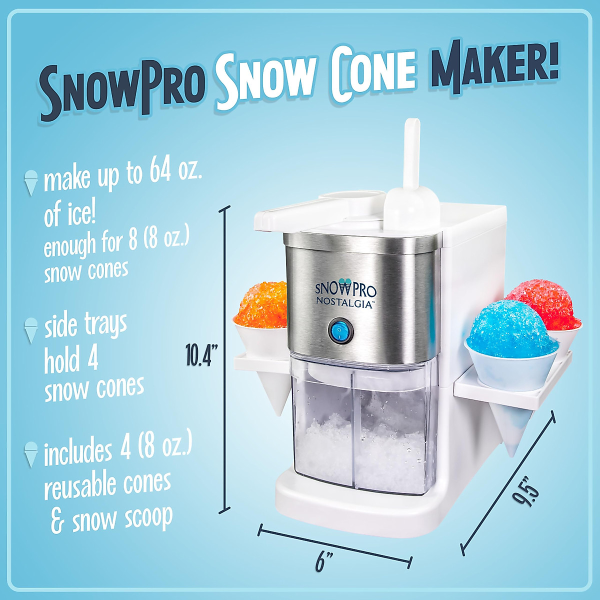 Nostalgia SnowPro Electric Shaved Ice & Snow Cone Maker 64-Ounce Ice Shaving Capacity, 4 Reusable Cones, Side Shelves, and Scoop Included