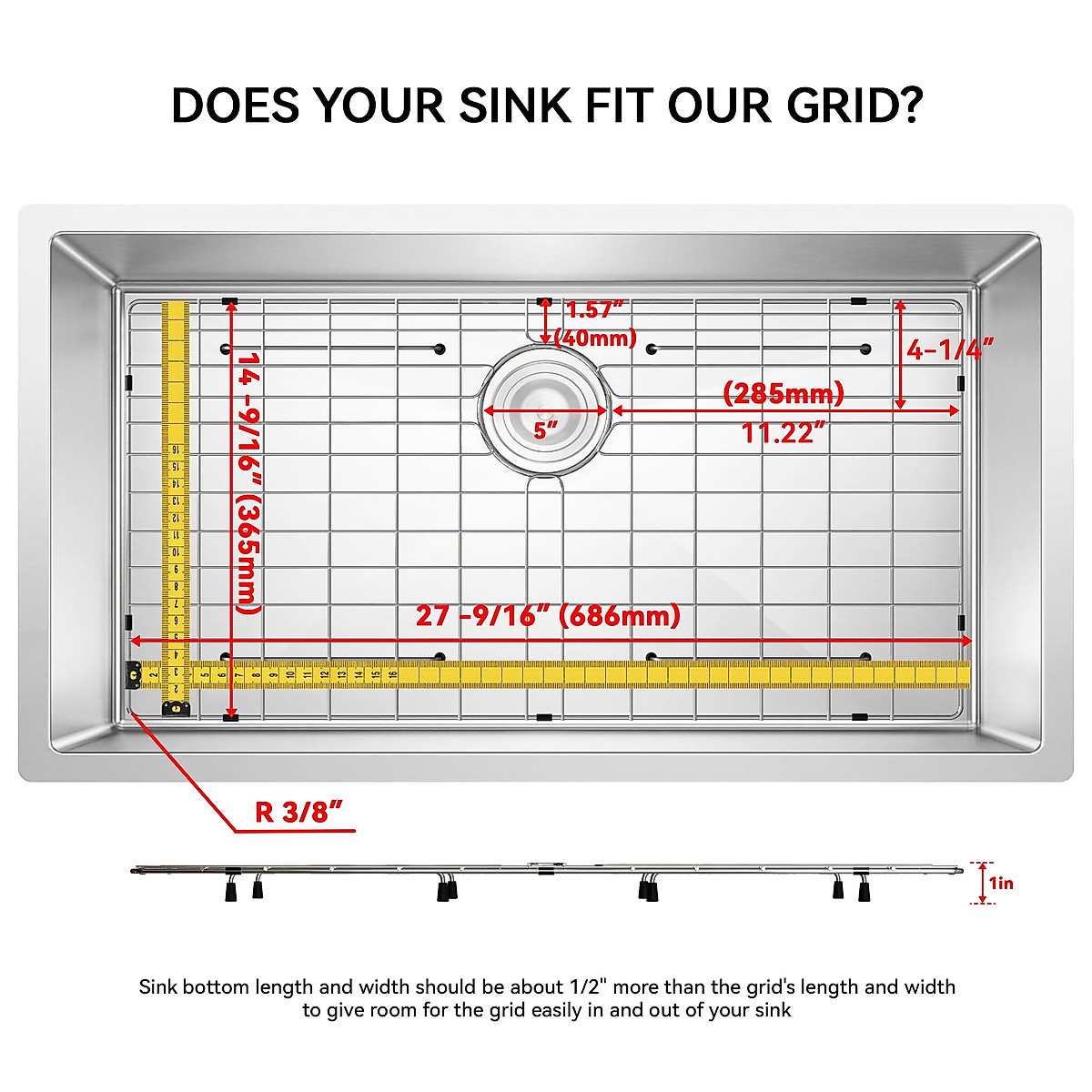 Sink Protector Grid, Sink Grids for Bottom of Kitchen Sink with Corner Radius 3-1/2",27-9/16" x 14-9/16" Sink Protector, Stainless Steel Material (27.7"W x 14.7"D x 1"H)