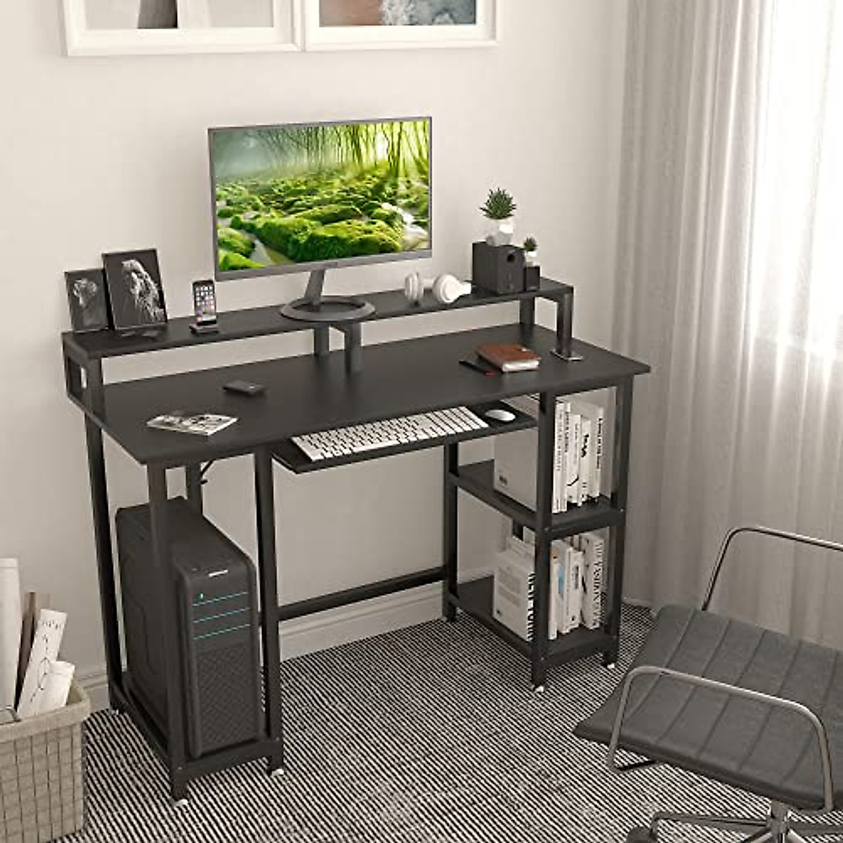 JSungo Small Computer Desk with Monitor Stand, 47 Inch Home Office Desk with 2 Tier Storage Shelf for Small Space, Sturdy Writing Gaming Table with Keyboard Tray and CPU Shelf, Black