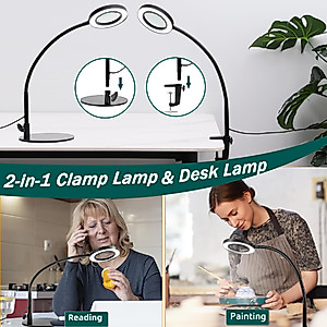 Tobegiga 10X Magnifying Glass with Light and Stand, 2-in-1 Flexible Gooseneck Magnifying Desk Lamp with Clamp, 3 Color Modes Stepless Dimmable LED Lighted Magnifier Hands Free for Craft Painting Hobby