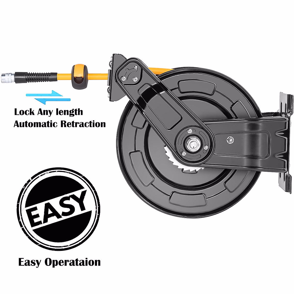 AIRZILLA Premium Steel Retractable Air Hose Reel With Dual Arm, 3/8"x50Ft Hybrid Polymer Hose, Heavy Duty Air Hose Reel included Auto Rewind Reel | Quick Air Coupler | Durable Double side Frame.