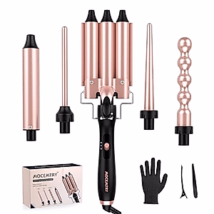 Wand Curling Iron, Curling Wand Set, MOCEMTRY Professional 5 in 1 Hair Curling Hair Iron with Interchangeable Barrels, Instant Heating & Adjustable Temperature, Gift for Women