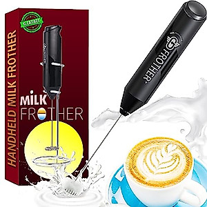 Milk Frother Handheld with Stand, Frother Whisk, Milk Foamer, Drink Mixer Coffee Frother for Latte, Cappuccinos, Hot Chocolate - AA Battery Operated - Black