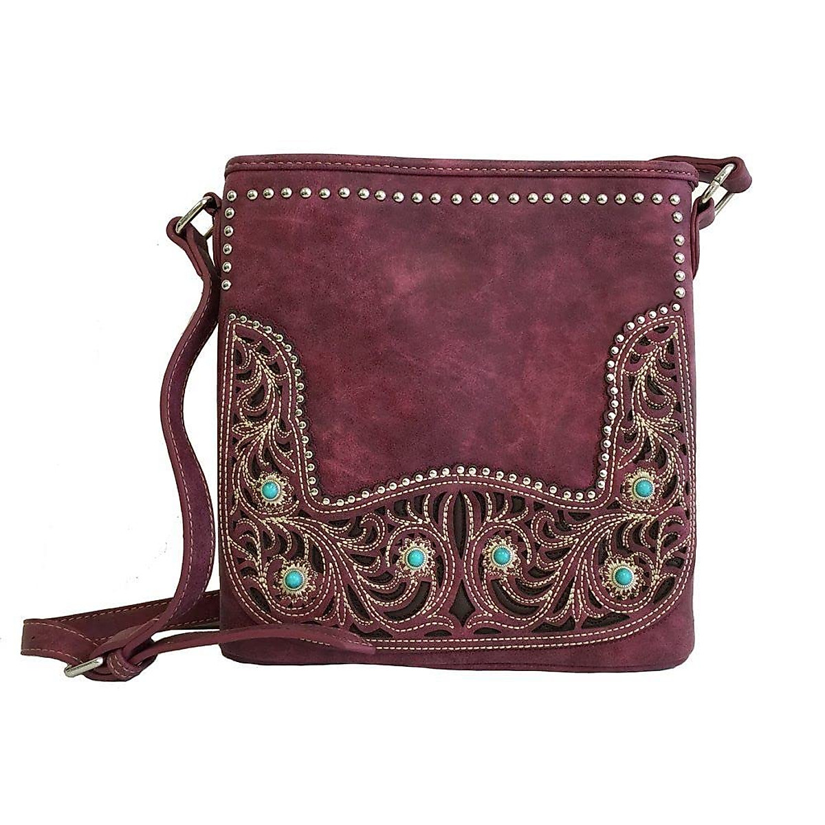 Montana West Concealed Carry Studs and Conchos Crossbody Purse - Burgundy