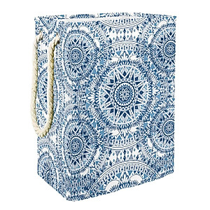 Blue Boho Pattern Style Graphic Laundry Hamper With Handles Large Collapsible Basket For Storage Bin, Kids Room, Home Organizer, Cloth Storage, 19.3x11.8x15.9 In