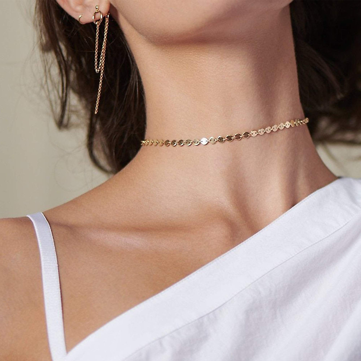 LOYATA Gold Coin Choker Dainty 14K Gold Plated Sequin Chain Choker Necklace Tiny Coin Disc Tattoo Necklace Jewelry Gift for Women