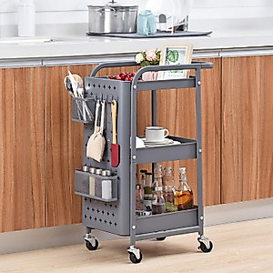 KINGRACK 3-Tier Rolling Cart, Metal Utility Cart with Pegboard, Storage Trolley Organizer Serving Cart with Handle and Extra Baskets Hooks for Kitchen Office Teacher Classroom, Grey
