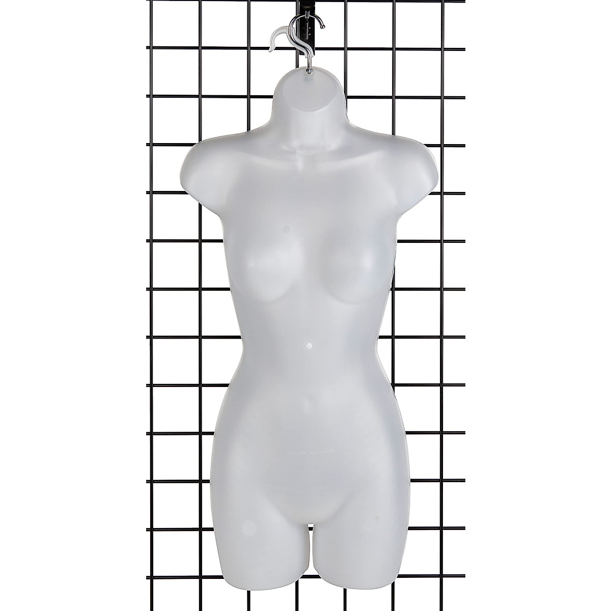 SSWBasics Female Molded Shatterproof Frosted Shapely Torso Form with Hook - Fits Women's Sizes 5-10 - Hanging Fashion Form Mannequin to Display Top and Bottom Merchandise