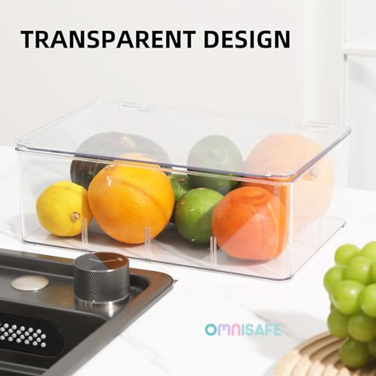 OMNISAFE Divided Clear Plastic Organizer Bin with Hinge Lid, 8 Sections Tea Bag Storage Box for Kitchen, Snacks, Spice Packets,Pouches, Stackable Storage Bin