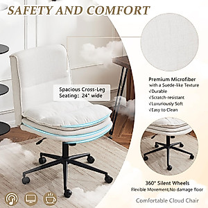 VINGLI Cloud Criss Cross Legged Chair,18" High Back Armless Home Office Desk Chair with Wheels,Wide Adjustable Comfy Padded Seat Task Computer Chair,Modern Swivel Makeup Vanity Chair,Fabric,Beige