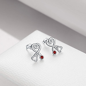 Stethoscope Earrings 925 Sterling Silver Heart Studs Earrings 12 Months Birthstone Crystals from Austria, Graduation Jewelry Gifts for Nurse Doctor RN Medical Student