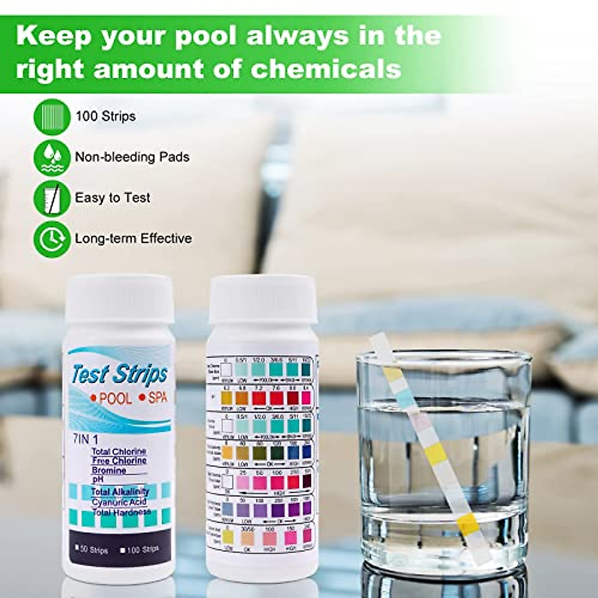 7 in 1 Pool and Spa Test Strips, 100PCS Swimming Pool Water Test Strip, Hot Tub Water Test Strips, Total Hardness, Total Chlorine, Bromine, Free Chlorine, PH, Cyanuric Acid & Total Alkalinity