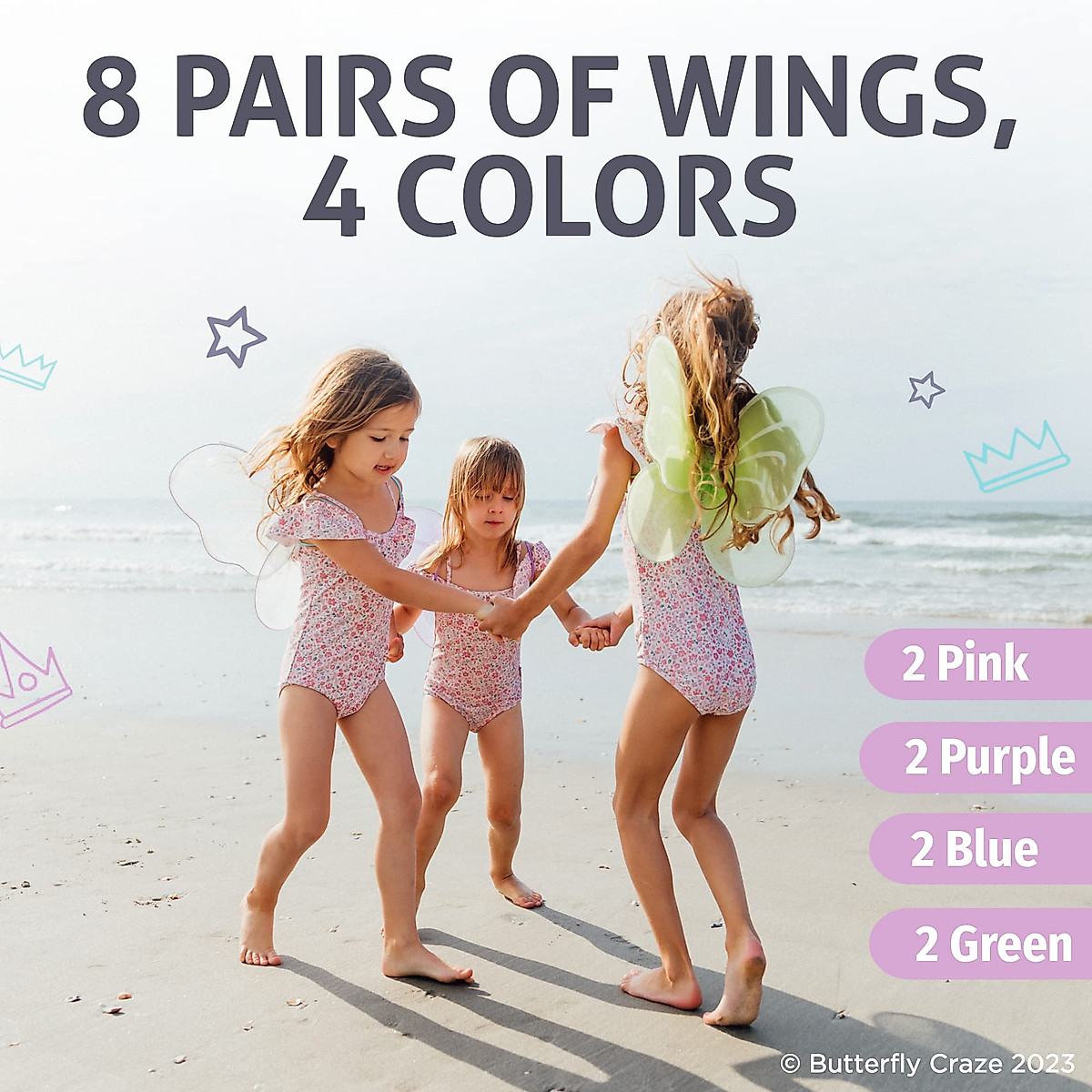 Butterfly Craze Girls' Fairy, Angel, or Butterfly Wings - Costume Accessories & Party Favors or Supplies, Make Your Little One's Birthday Party Special, in Shades of Blue, Green, Pink, and Purple, 8pc
