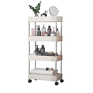 UDEAR Slim Storage Cart,4-Tier Mobile Shelving Unit Rolling Utility Cart for Bathroom, Office,Laundry Room,Kitchen, Narrow Place,White