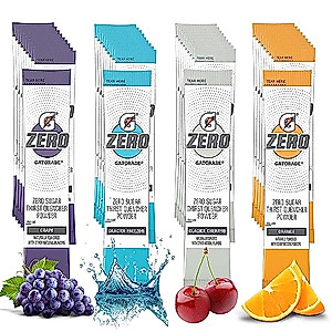 G Zero Powder Packets Variety Pack, Pack of 40, 4 Flavors of 0.10oz Sugar free Hydration Drink Mix, 10pcs Each of G Zero Orange, Glacier Cherry, Glacier Freeze, and Grape