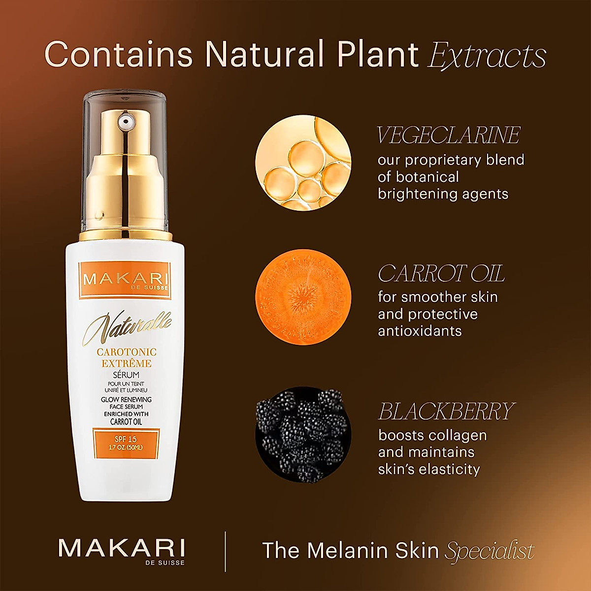 Makari Naturalle Carotonic Extreme Brightening Serum SPF15 (1.7 oz) | Helps Reduce Appearance Of Blemishes, Scars, and Imperfections | Brightens, Smoothens, & Gives Antioxidant Protection