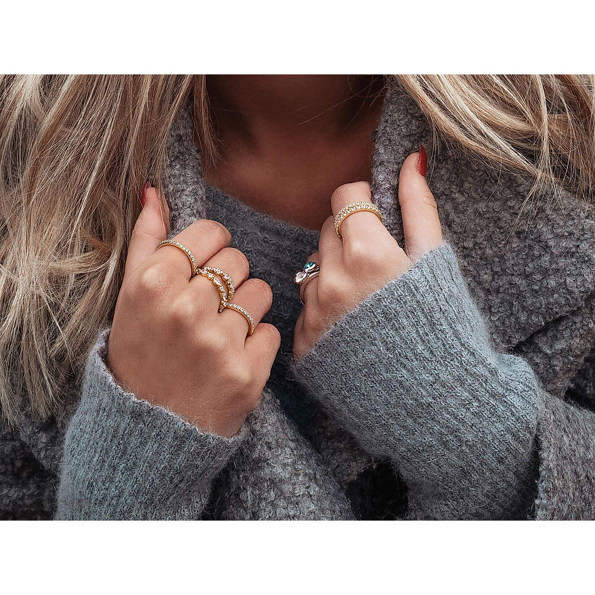 14k Gold Plated Wedding Rings for Women Silver Rings Stacking Simulated Engagement Bands Set Round 5A CZ Dainty Rings Size 8 by KOOLFIN